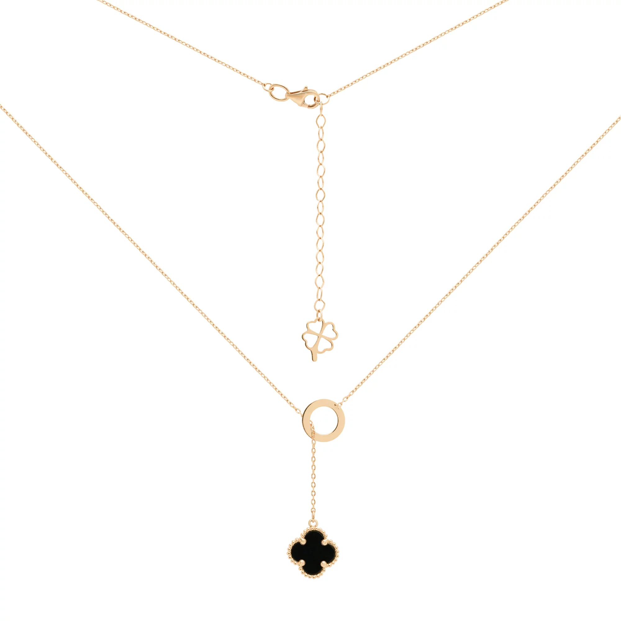 Золотое колье-галстук "Клевер" с ониксом плетение якорное. Артикул ...